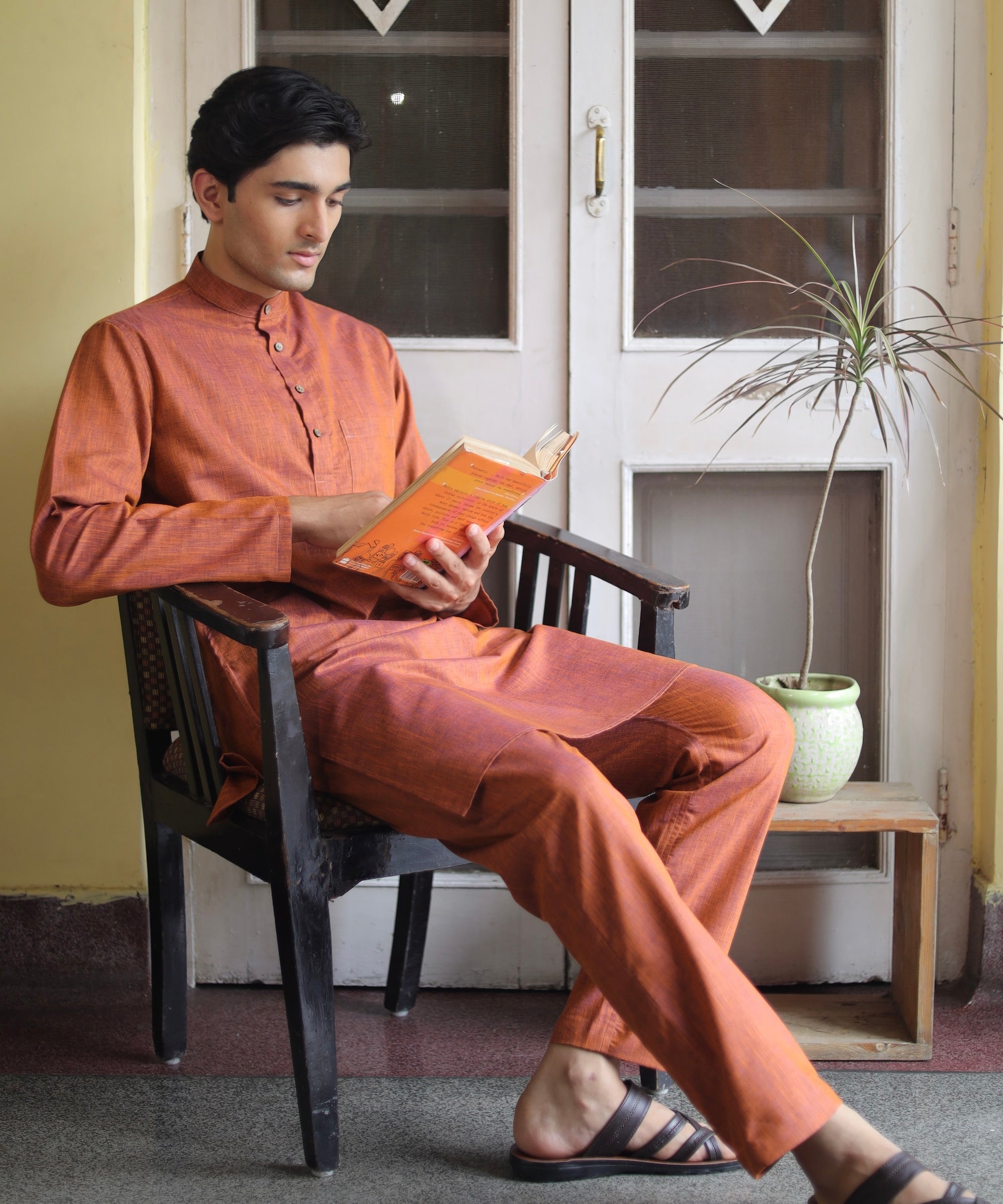 Orange Cotton Linen Kurta Pyjama Set| Orange | Custom Made - Online in ...